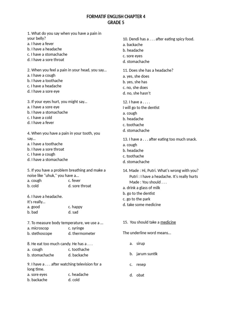 Formatif English Chapter 4 Grade 5 | PDF | Feeling | Clinical Medicine