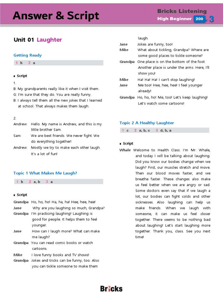 Bricks Listening High Beginner 200 - L3 - SB - Answer Key | PDF | Laughter | Giraffe