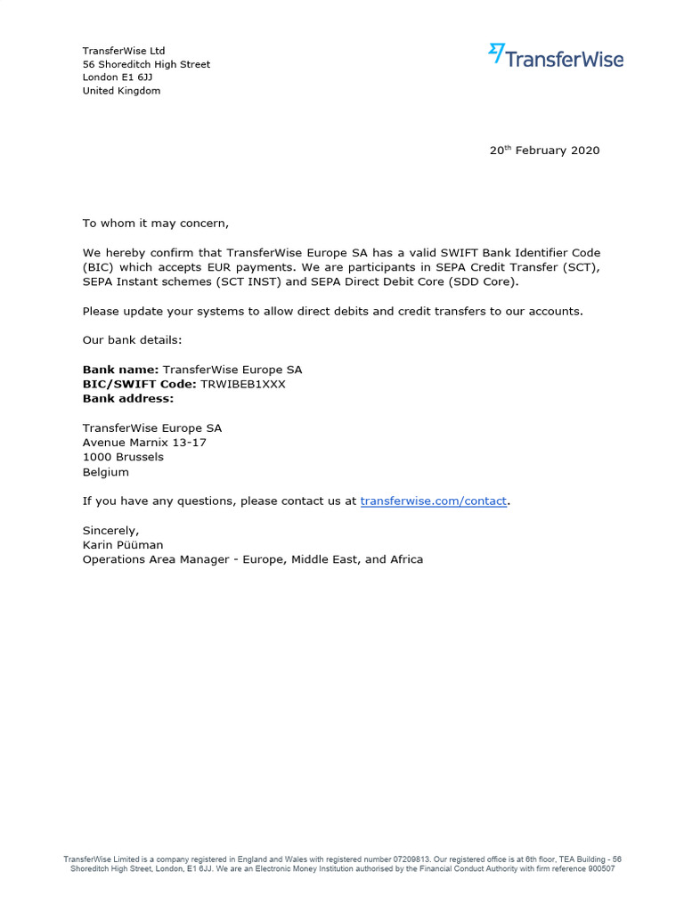 TransferWise Letter To Banks | PDF