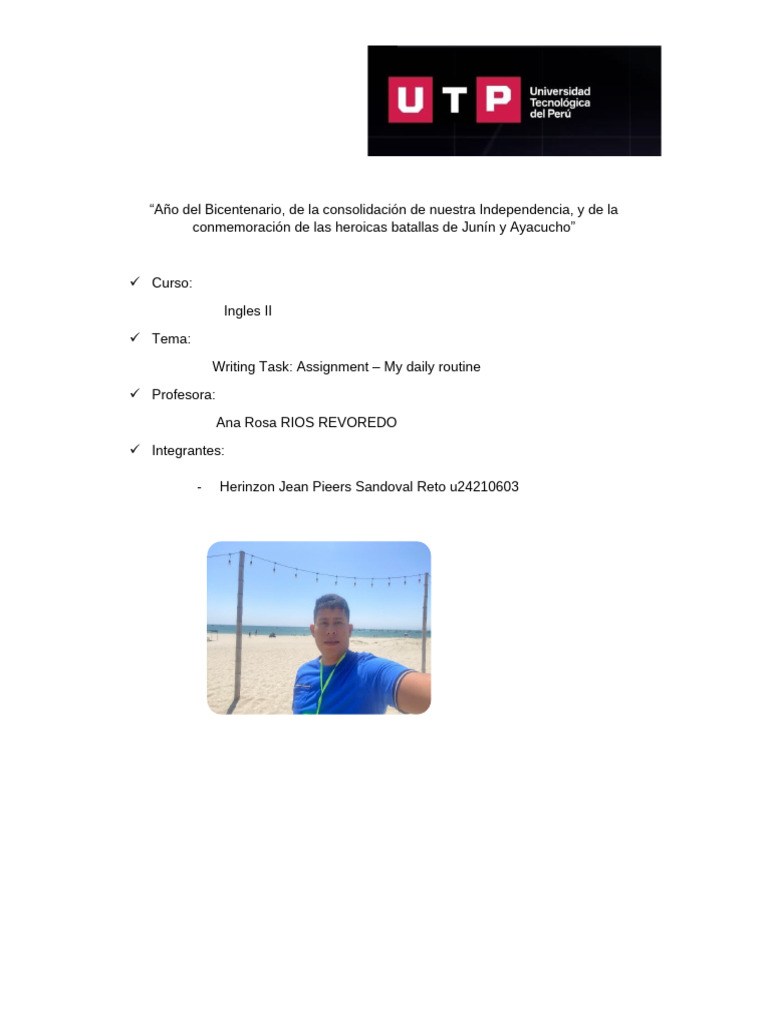 Week 2 - Writing Task Assignment - My Daily Routine (1) Sandoval | PDF