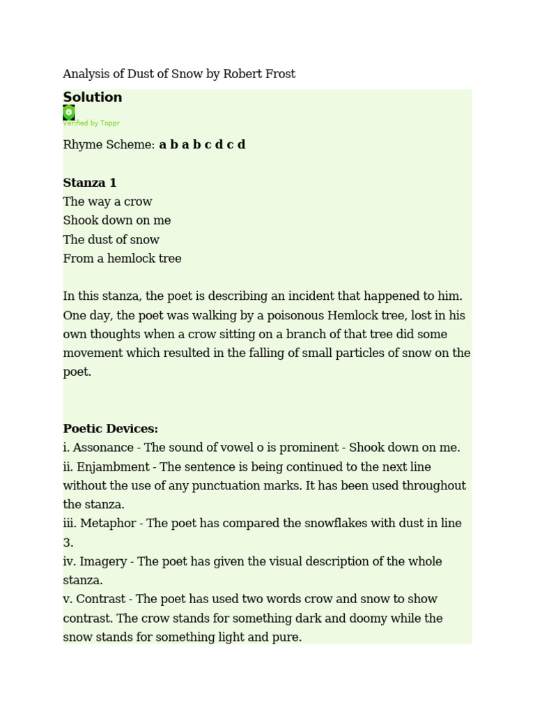Analysis of Dust of Snow by Robert Frost | PDF | Poetry | Poetics