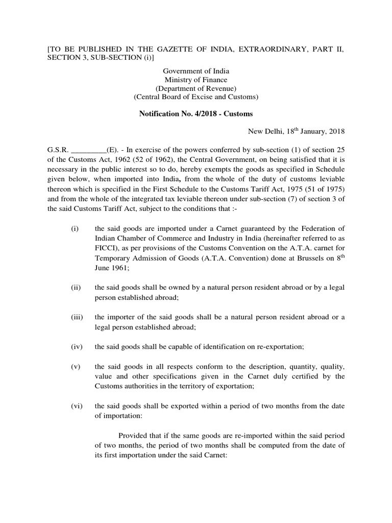 Notification-4 2018 Professional-Equipment ATA System | PDF | Customs ...