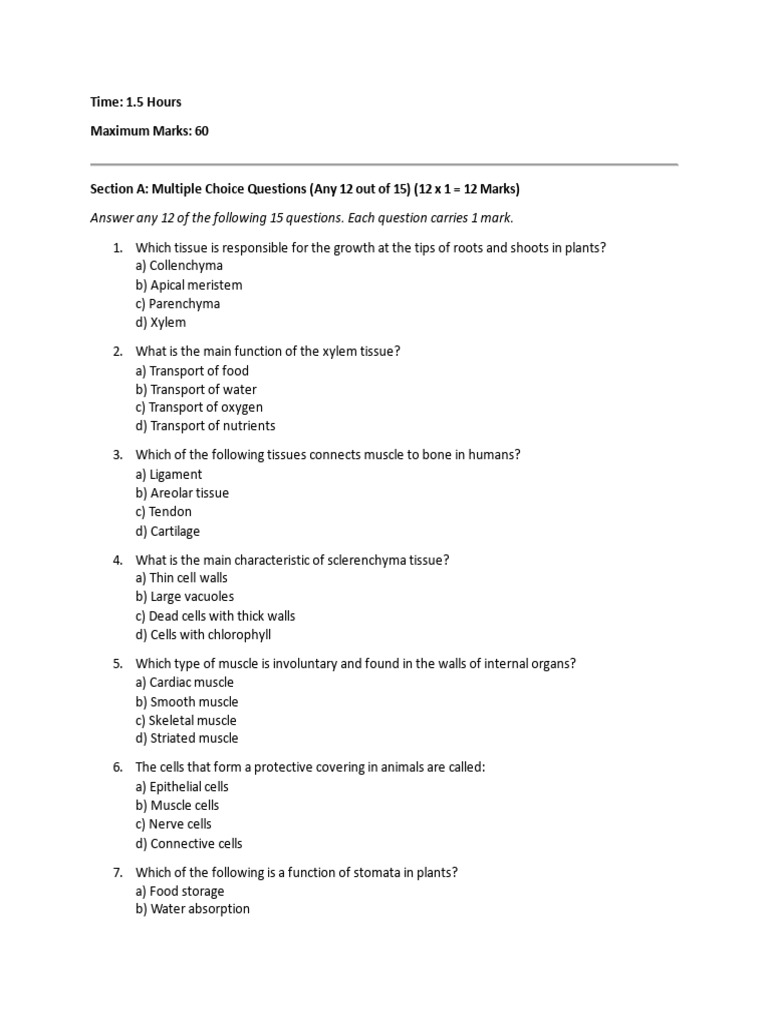 Science Test paper - Chapter 6 (TISSUES) | PDF | Tissue (Biology) | Muscle