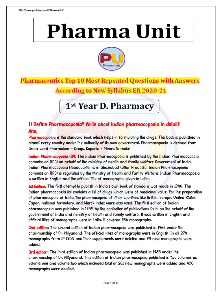 Top 10 Repeated Pharma Questions | PDF | Tablet (Pharmacy) | Mill ...