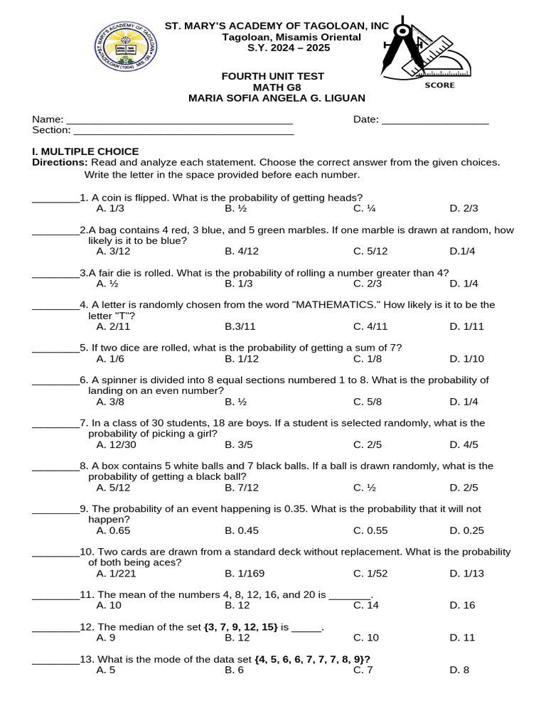 G8 Math Unit Test: Probability & Statistics | PDF | Probability | Average