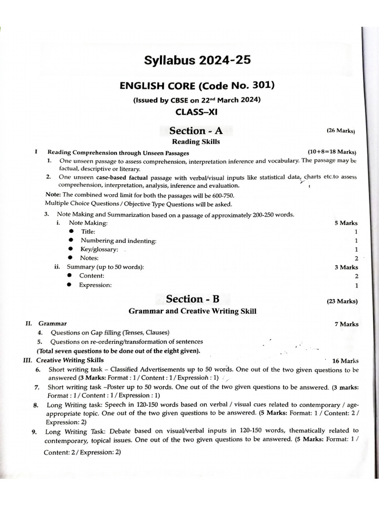 English Core - Syllabus and Blue Print. | PDF