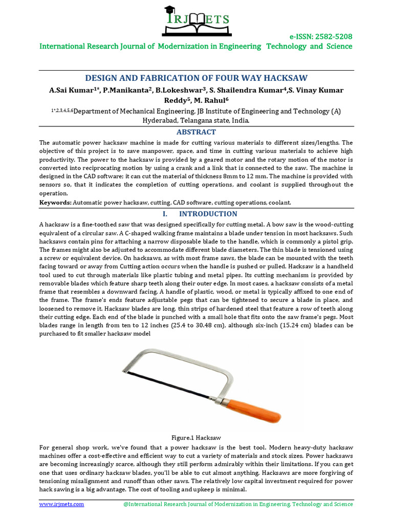 Four-Way Hacksaw Design and Fabrication | PDF | Mechanical Engineering