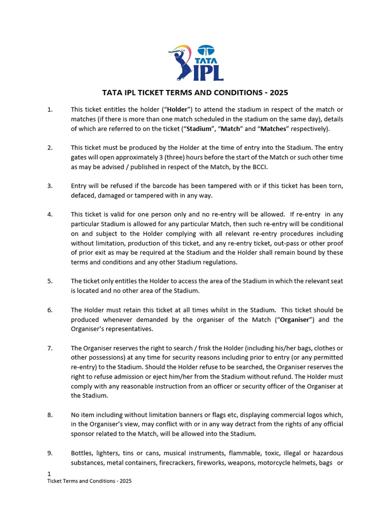 IPL 2025 Ticket Terms & Refund Policy | PDF | Contractual Term ...