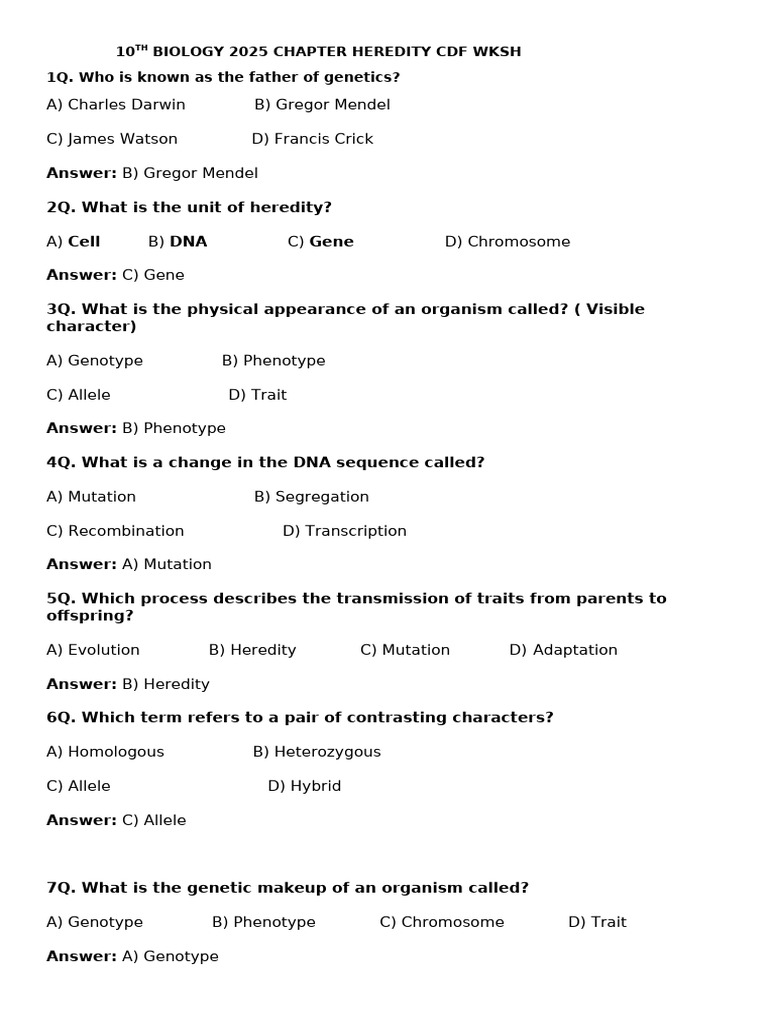 10th Biology 2025 Chapter Heredity Cdf Wksh (1) | PDF | Dominance ...