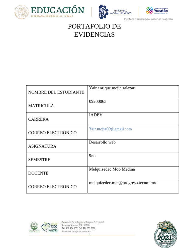 PORTAFOLIO DE EVIDENCIAS-desarrollo Web 9no Semestre - U3 | PDF | Desarrollo web | Aprendizaje