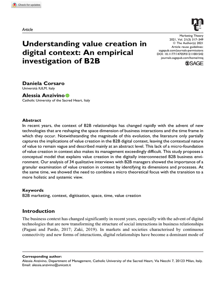 Corsaro Anzivino 2021 Understanding Value Creation in Digital Context An Empirical Investigation ...