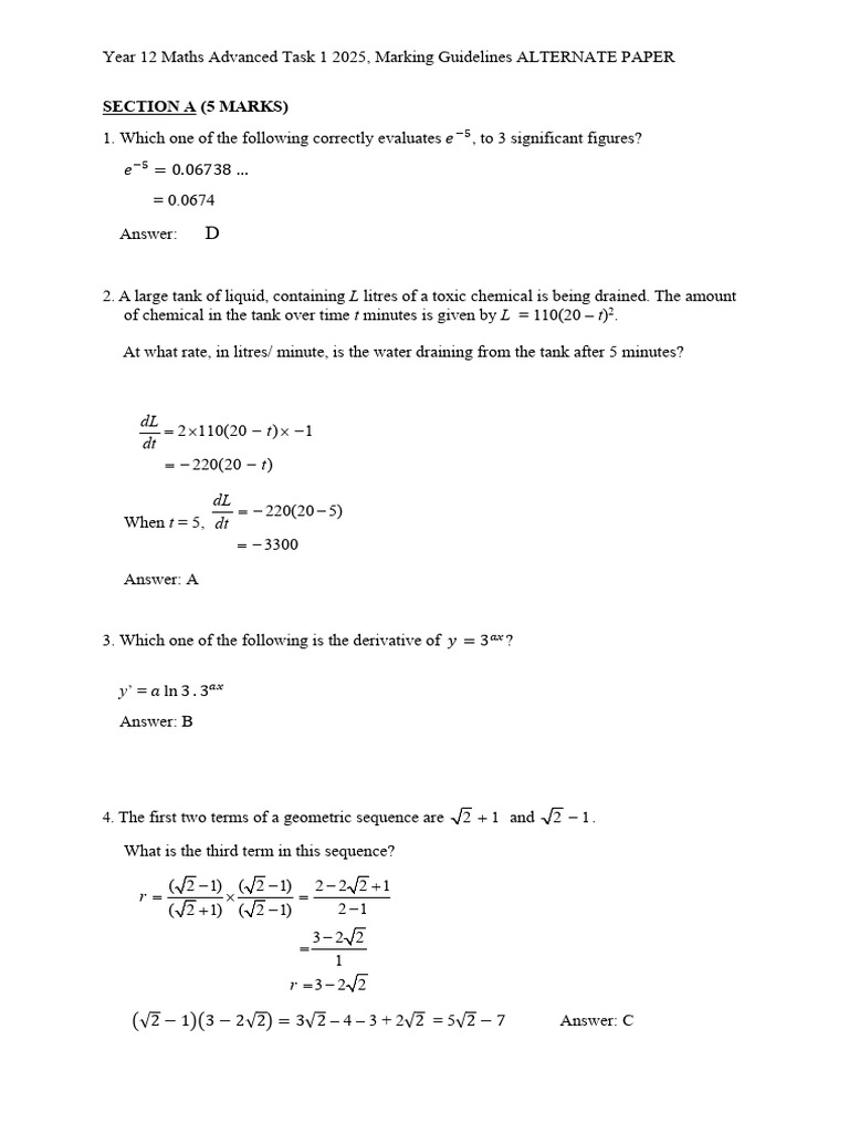 Alternate - MG Task 1 2025 Y12 Maths ADV | PDF | Quadratic Equation | Logarithm