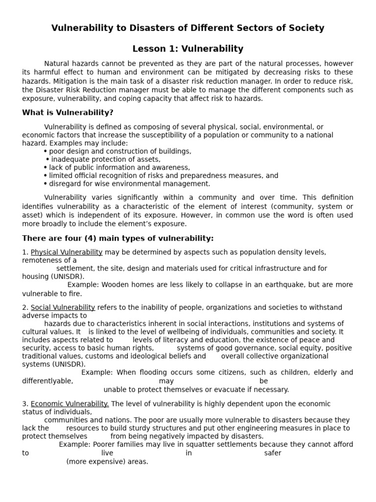 DRRR Notes On Vulnerability To Disasters of Different Sectors of ...