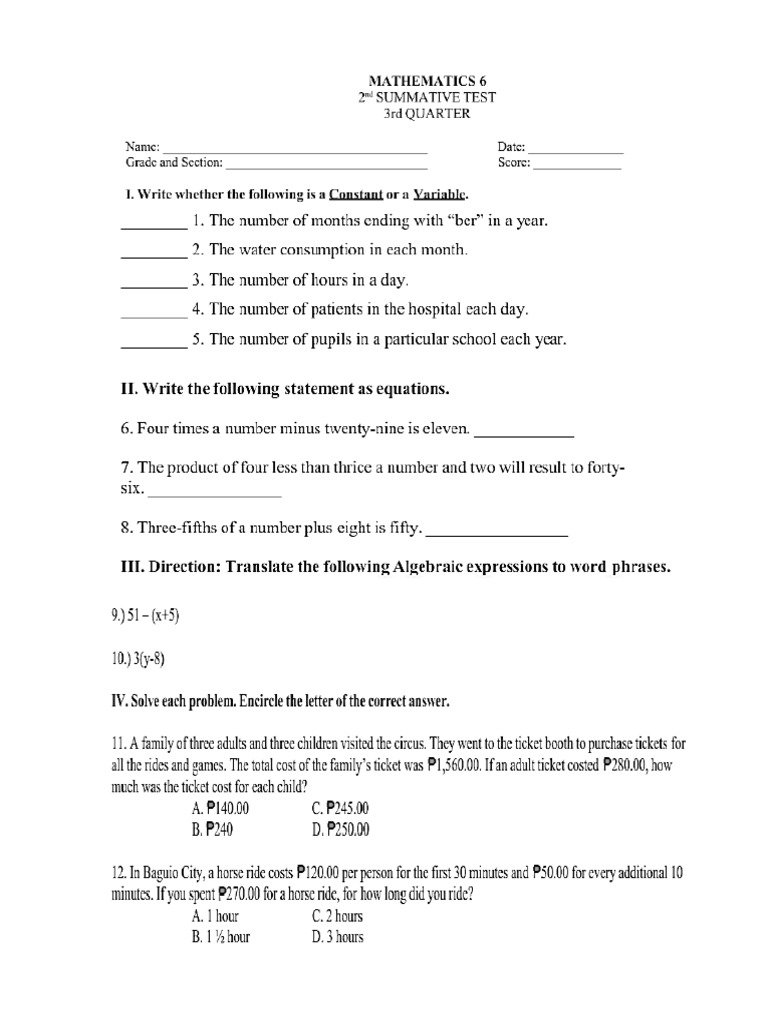 Summative Test in Math 3Q | PDF