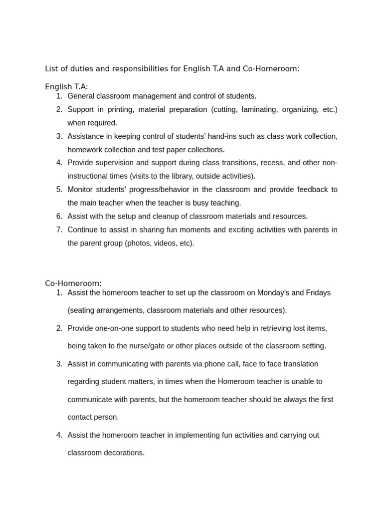 English T.A. and Co-Homeroom Duties | PDF