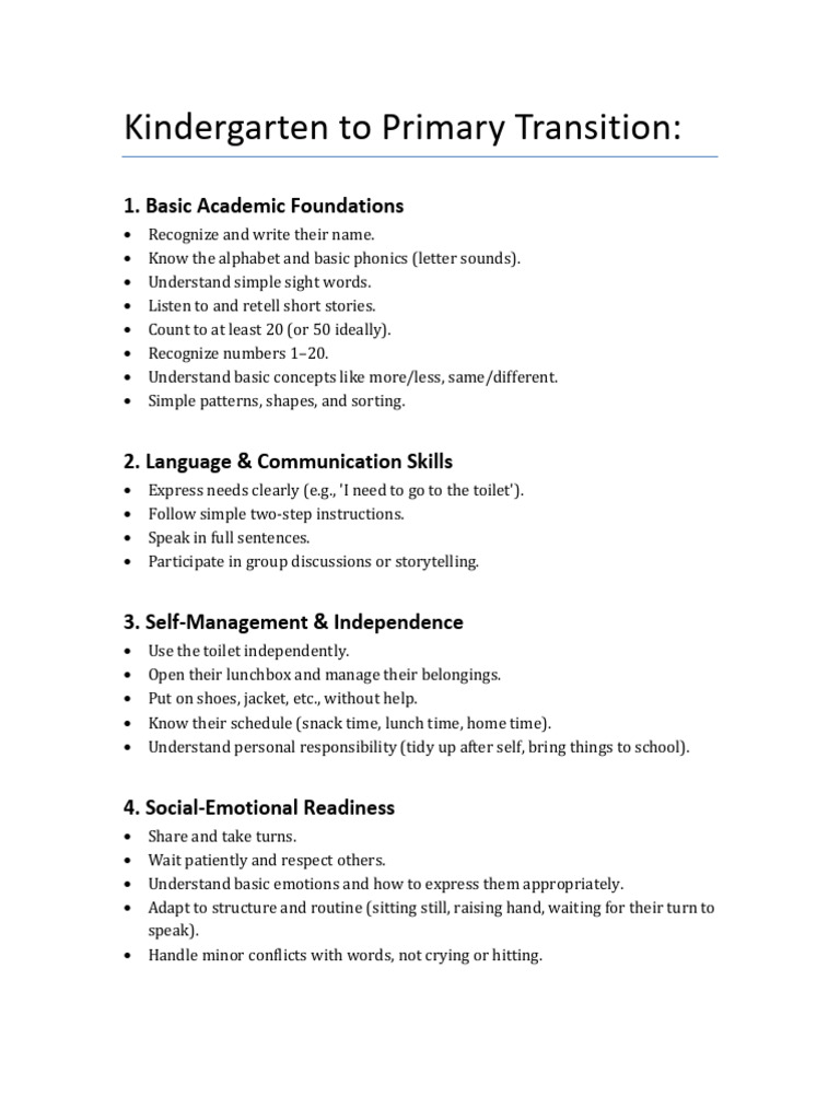 Kindergarten to Primary Transition Guide | PDF