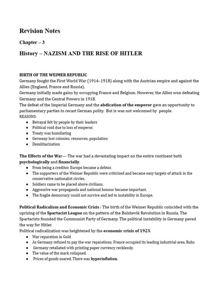 Revision Notes - Nazism and Rise of Hitler | PDF | Nazi Germany | Adolf ...