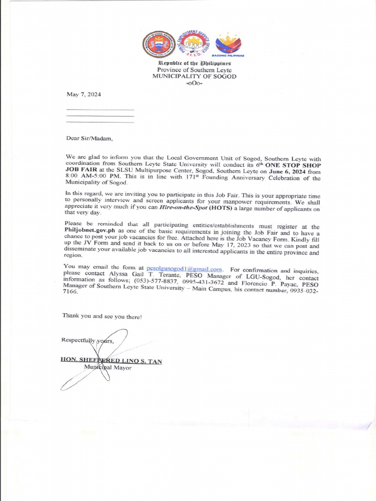 Job Fair Letter 2024 Mayor Signature | PDF