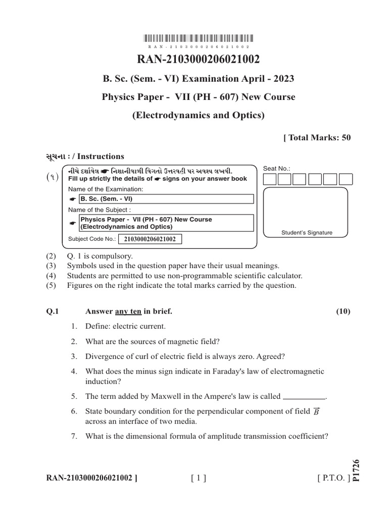 B. Sc. (Sem. - VI) Examination April - 2023 Physics Paper - VII (PH - 607) New Course ...
