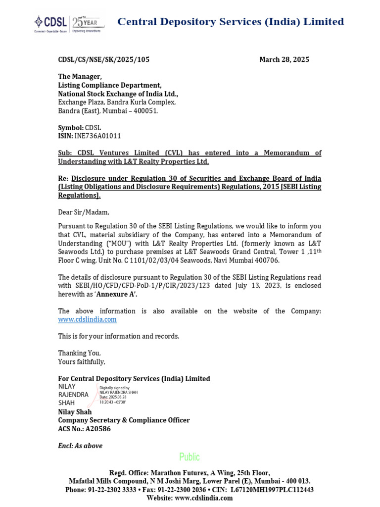 CDSL 28032025182100 NSEIntimationCVLFinalSigned | PDF | Loans | Private Sector