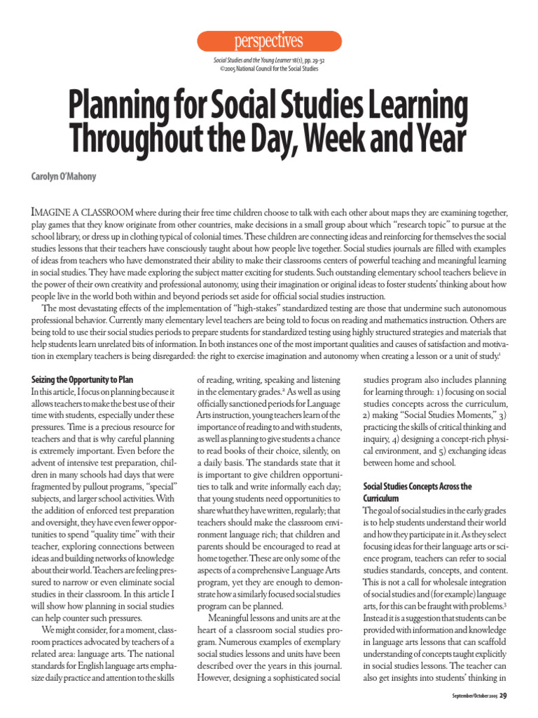 Planning For Social Studies Learning Throughout The Day, Week, and Year ...
