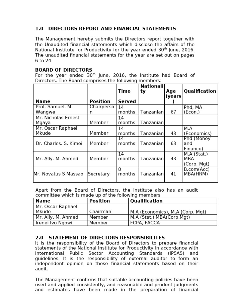 Directors Report & Financials 2016 | PDF | Audit | Auditor's Report