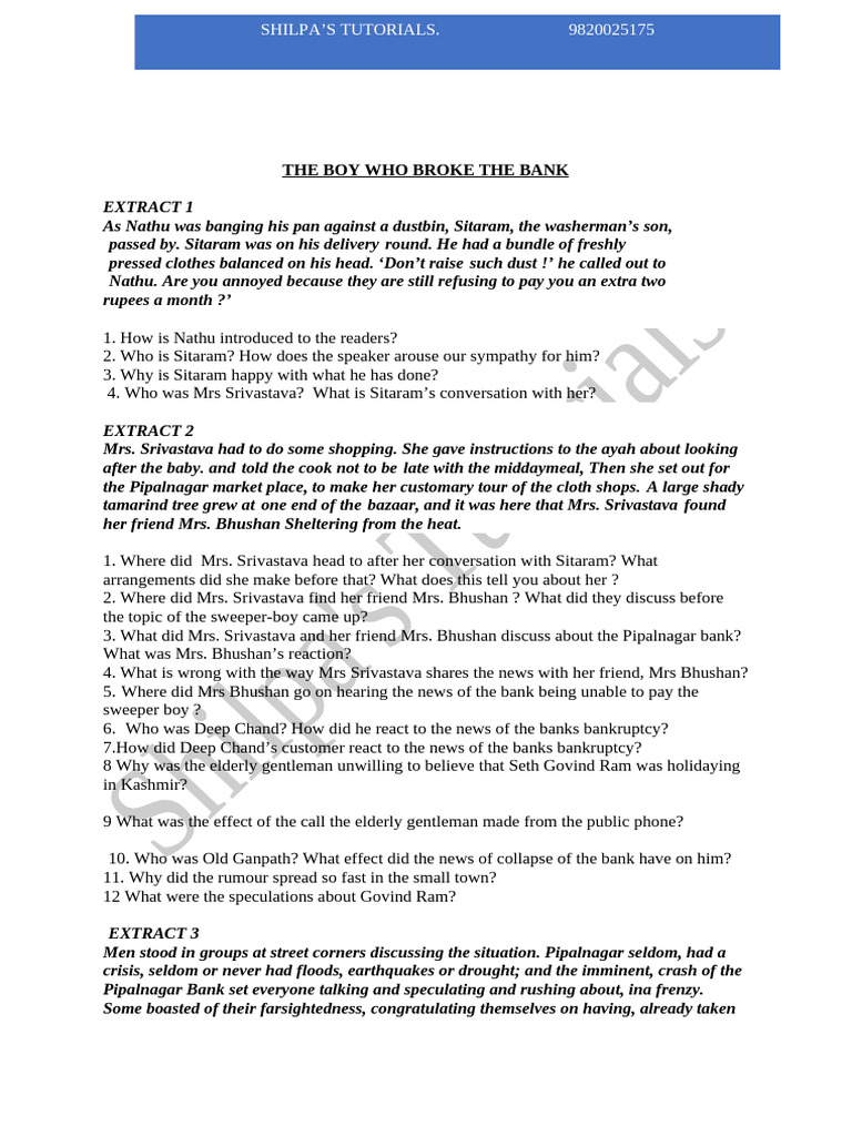 Questions on "The Boy Who Broke the Bank" | PDF