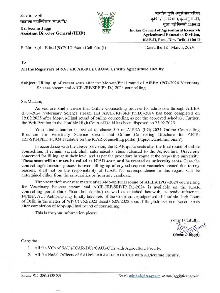 PHD Vacant Seat Matrix After Mop-Up Round | PDF | Agriculture