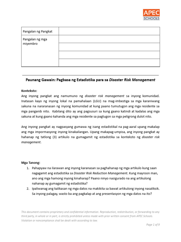 Estadistika para Sa Disaster Risk Management Milestone Worksheet | PDF
