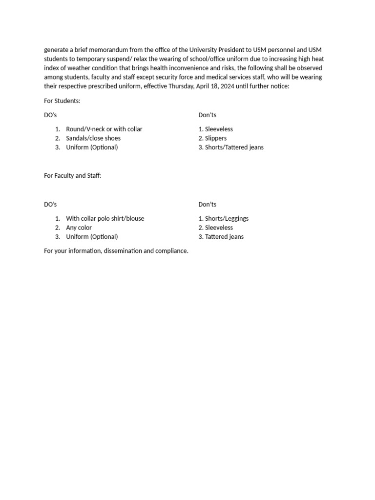 Generate A Brief Memorandum From The Office of The University President ...