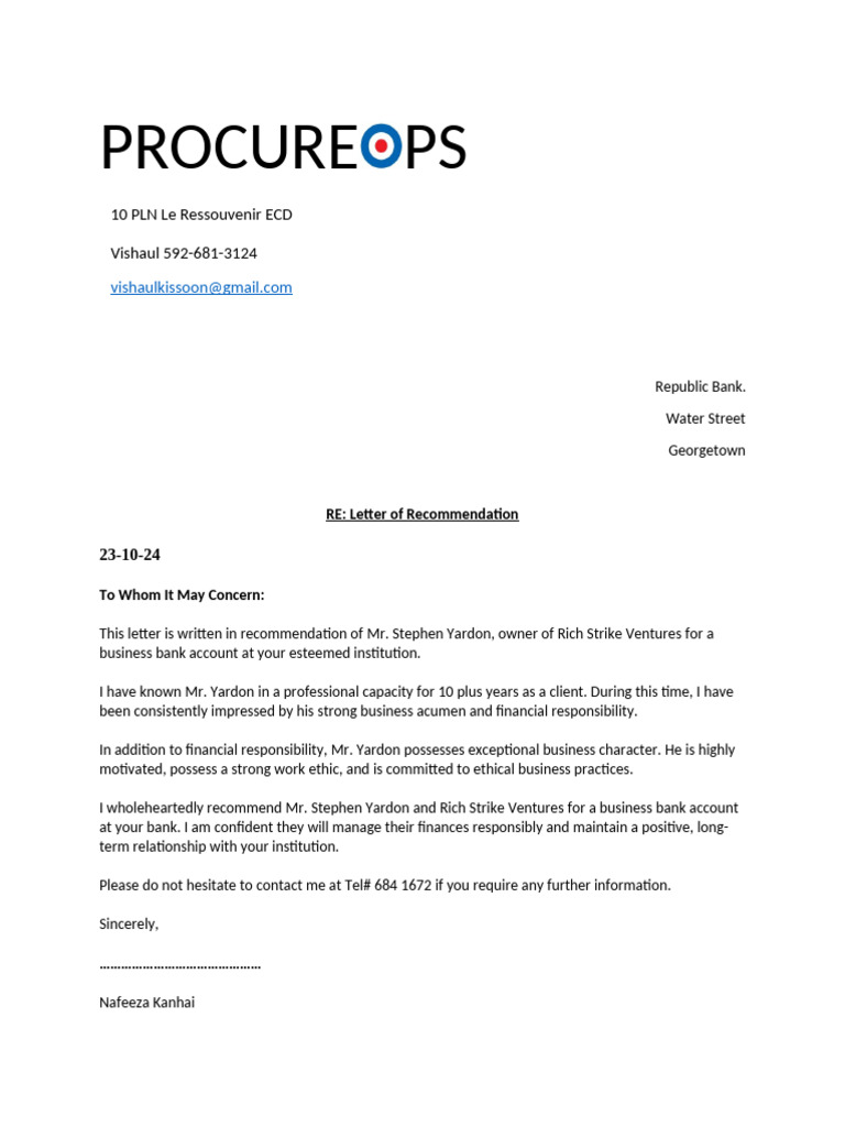 Letter of Recomendation For Bank Acct 6 | PDF