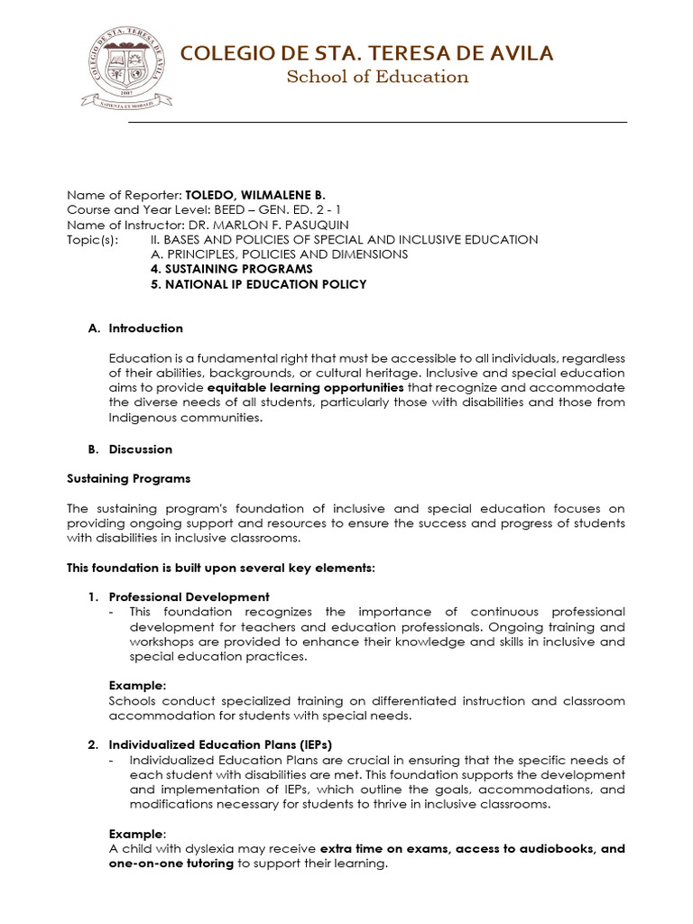 TOLEDO - PRINCIPLES, POLICIES, AND DIMENSIONS (SUSTAINING PROGRAMS ...