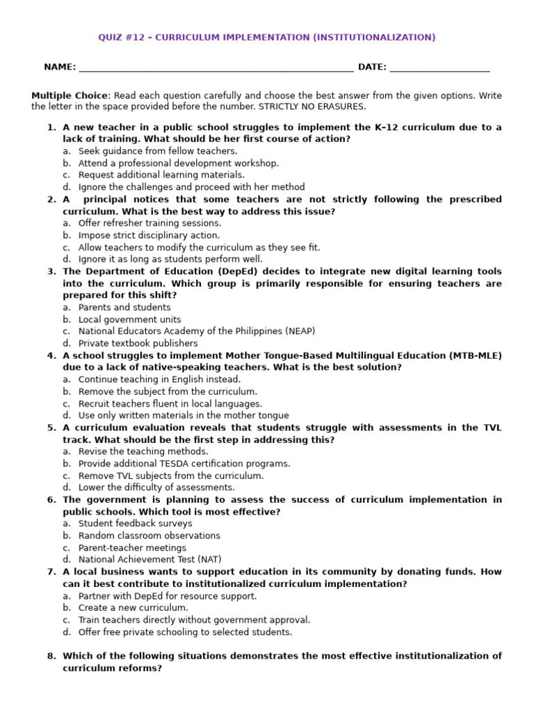 Quiz #12 - Curriculum Implementation (Institutionalization) | PDF | Curriculum | Teachers