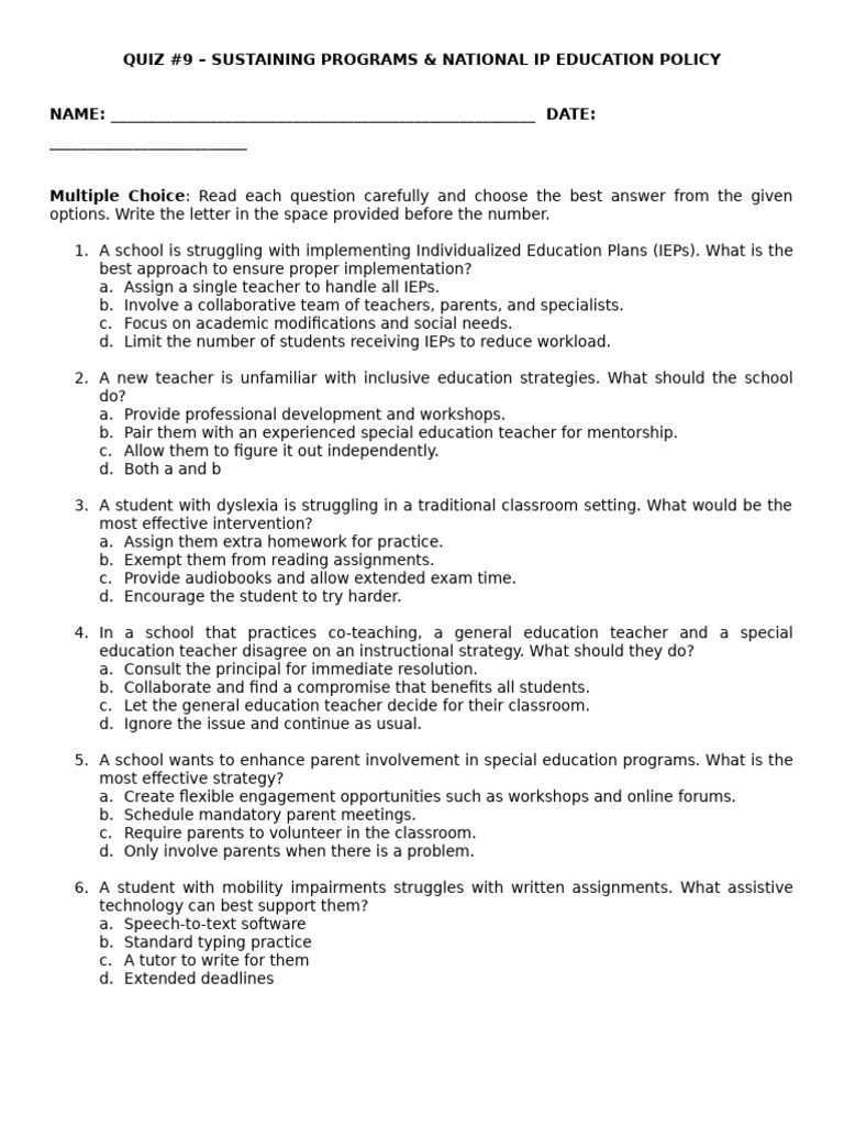 QUIZ #9 – SUSTAINING PROGRAMS & NATIONAL IP EDUCATION POLICY | PDF ...
