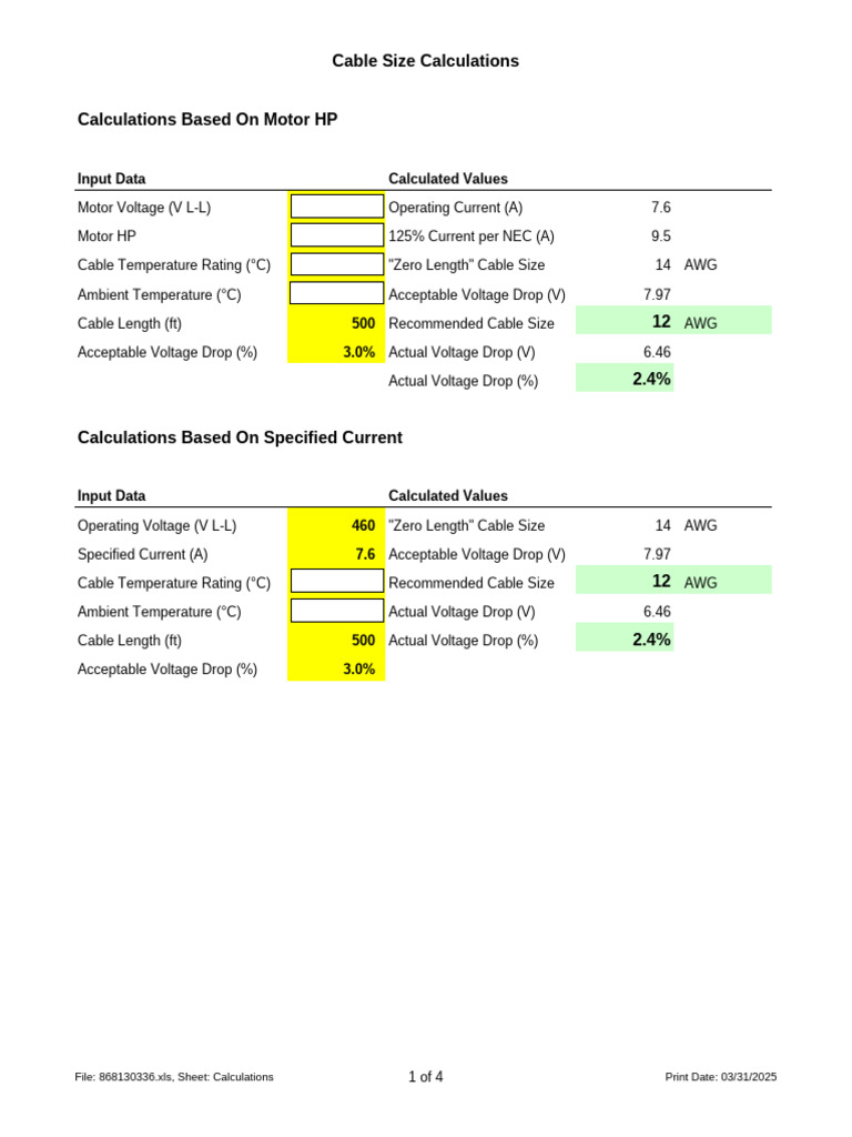 6.2 Cable Size Calculations Spreadsheet | PDF | Electrical Components ...