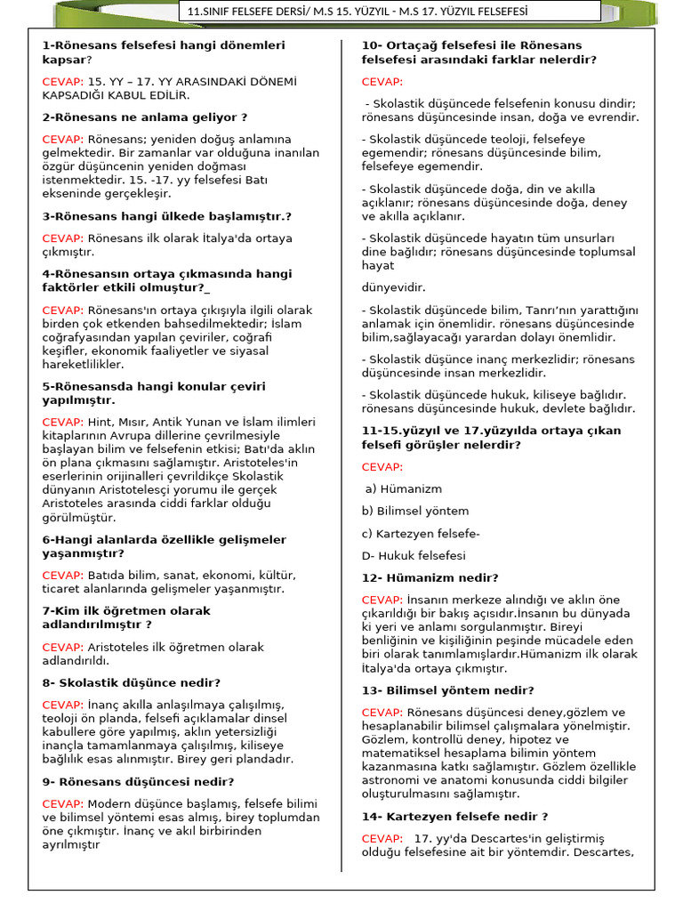 11.sinif Felsefe Ronesans Felsefesi Ders Notu | PDF