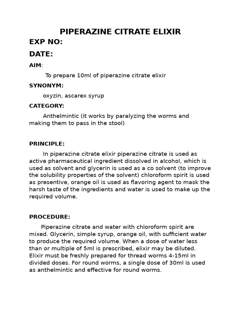 Piperazine Citrate Elixir | PDF | Glycerol