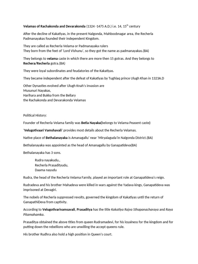 Velamas of Rachakonda and Devarakonda | PDF