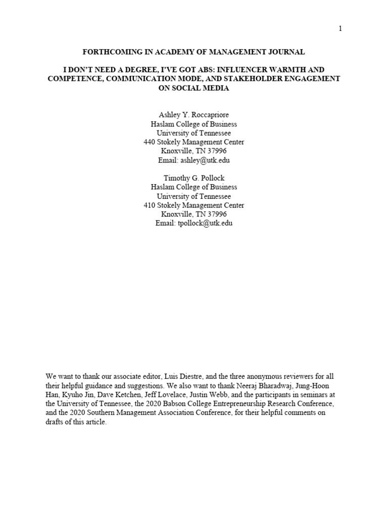 Influencer Engagement: Warmth vs. Competence | PDF | Sampling ...
