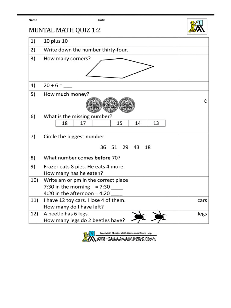 Mental Math Quiz for Kids | PDF