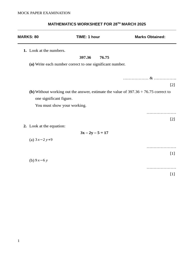 Mock Mathematics Exam Worksheet 2025 | PDF | Rectangle | Angle