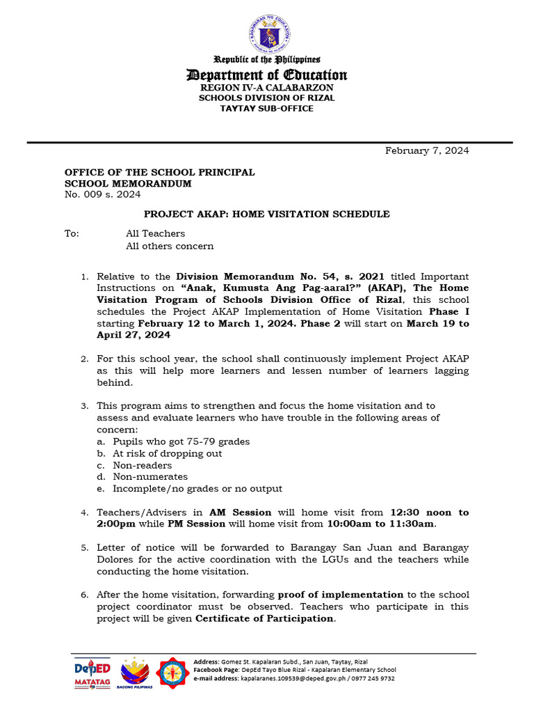 9. School Memorandum Akap Schedule of Home Visitation | PDF | Public ...