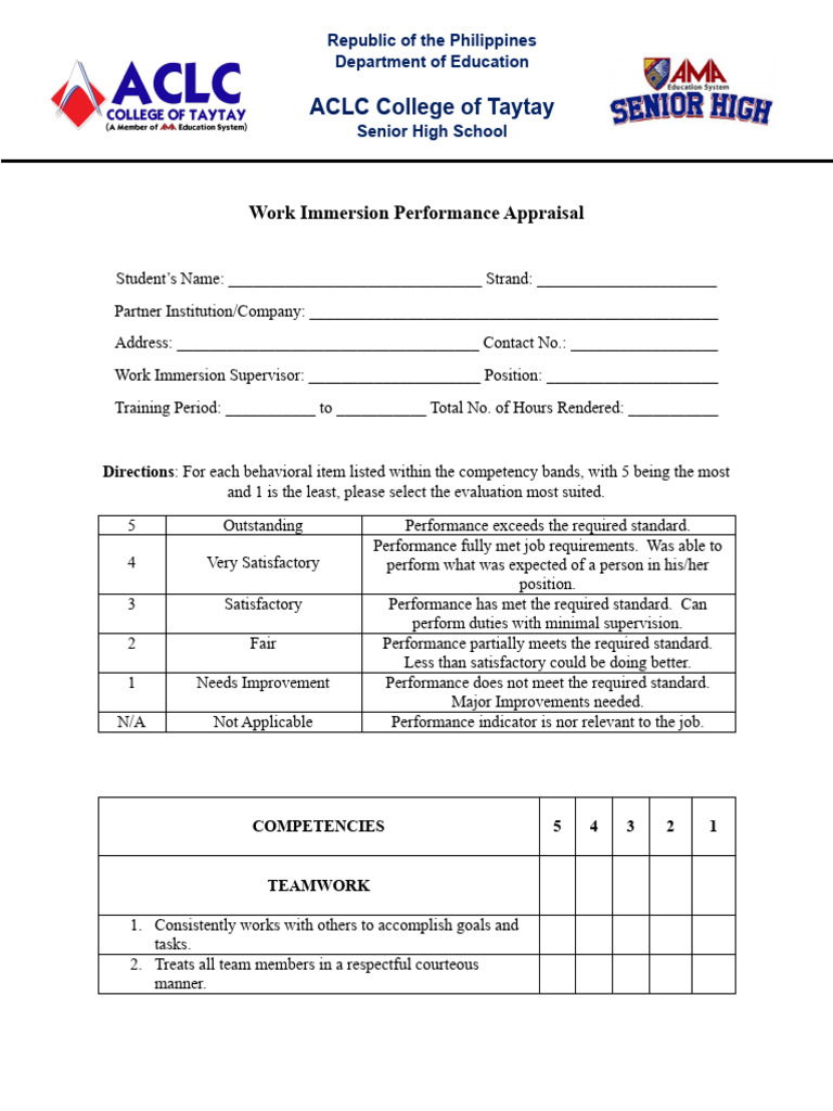 Work Immersion Performance Appraisal 1 | PDF | Performance Appraisal ...