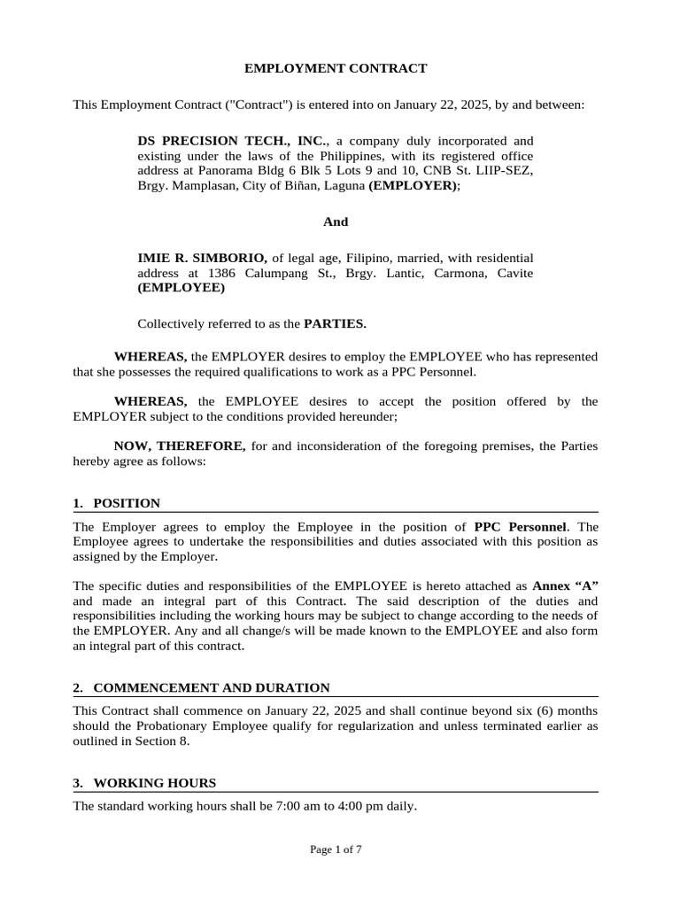 004 2024 Long Employment Contract - English Rev. 91624 | PDF ...