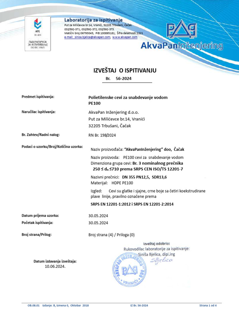 Izvjestaj o Ispitivanju Cijevi D355 | PDF