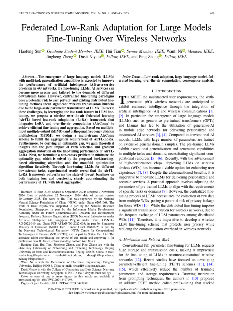 Federated Low-Rank Adaptation For Large Models Fine-Tuning Over Wireless Networks | PDF | Mimo ...
