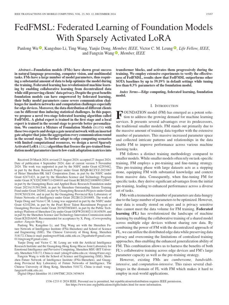 FedFMSL_ Federated Learning of Foundation Models With Sparsely Activated LoRA | PDF | Learning ...