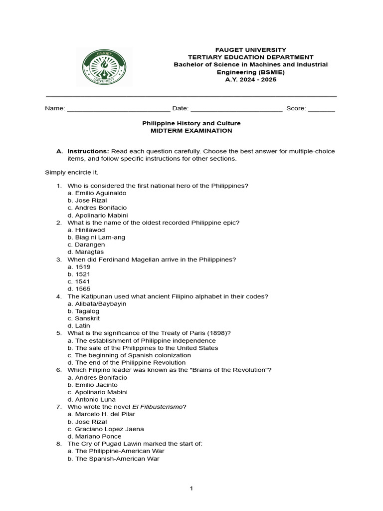 Philippine History Midterm Exam 2024 | PDF | Philippines | Philippines ...