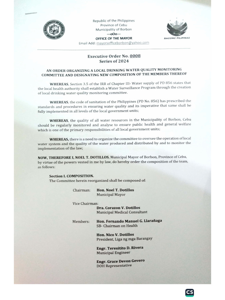 AN ORDER ORGANIZING A LOCAL DRINKING WATER QUALITY MONITORING COMMITTEE ...