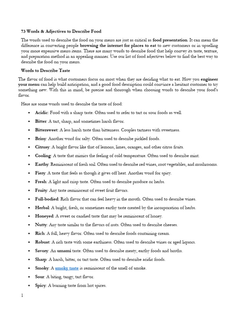 73 Food Adjectives for Menu Descriptions | PDF | Taste | Grilling